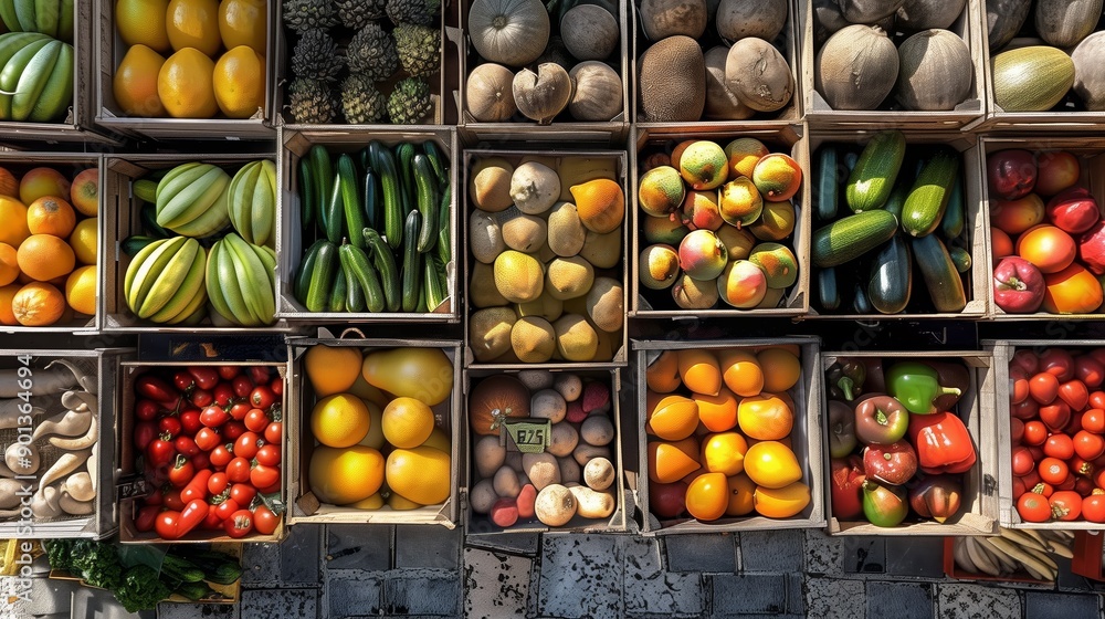Top view of assorted fresh fruits and vegetables in crates at a vibrant ...
