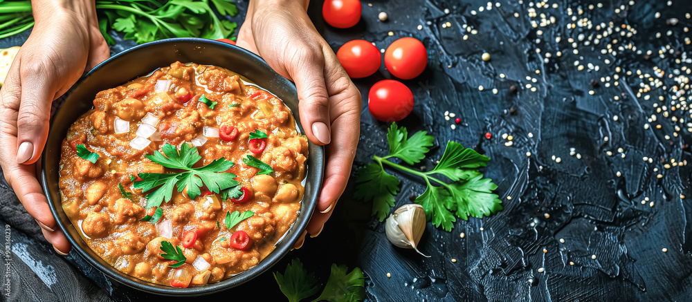 cook serving a Chole also known as Chana Masala, a spicy Indian ...