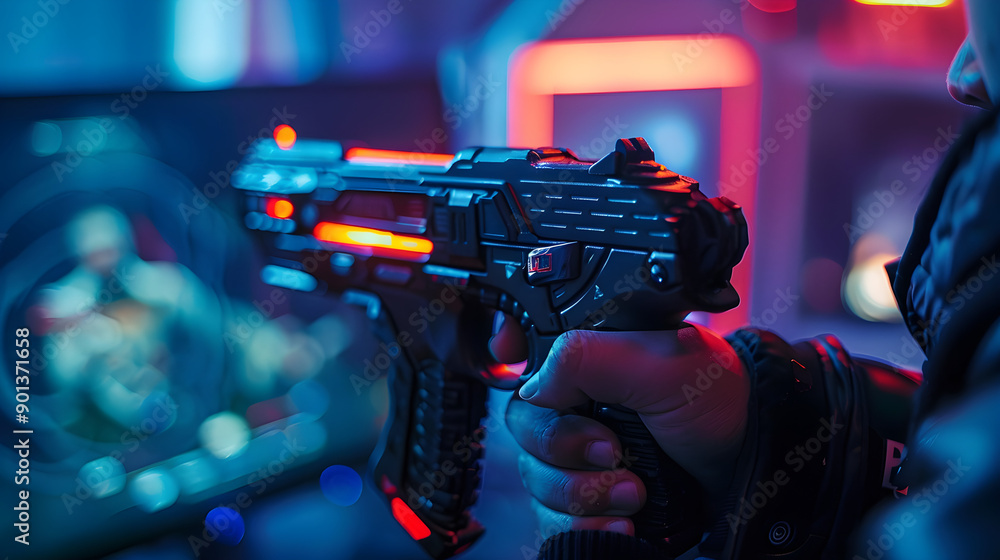 Gamer holding a light gun controller playing a console game for fun and ...