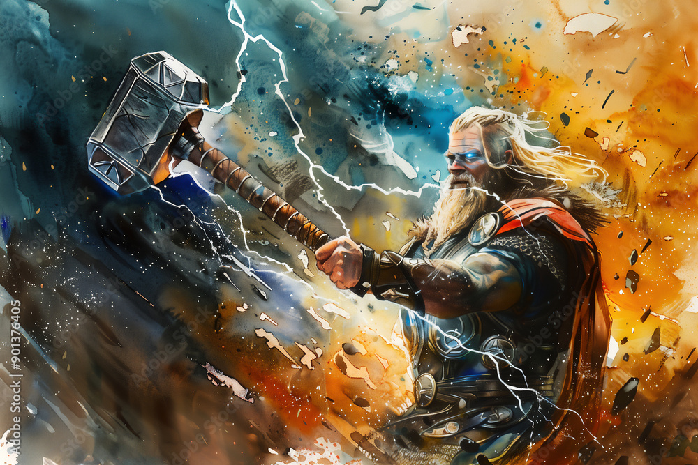 Watercolour painting of the Norse god Thor wielding a magical hammer ...