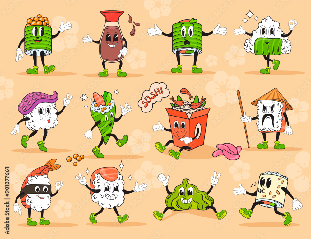 Cartoon sushi rolls characters. Japanese food retro mascot, rice ...