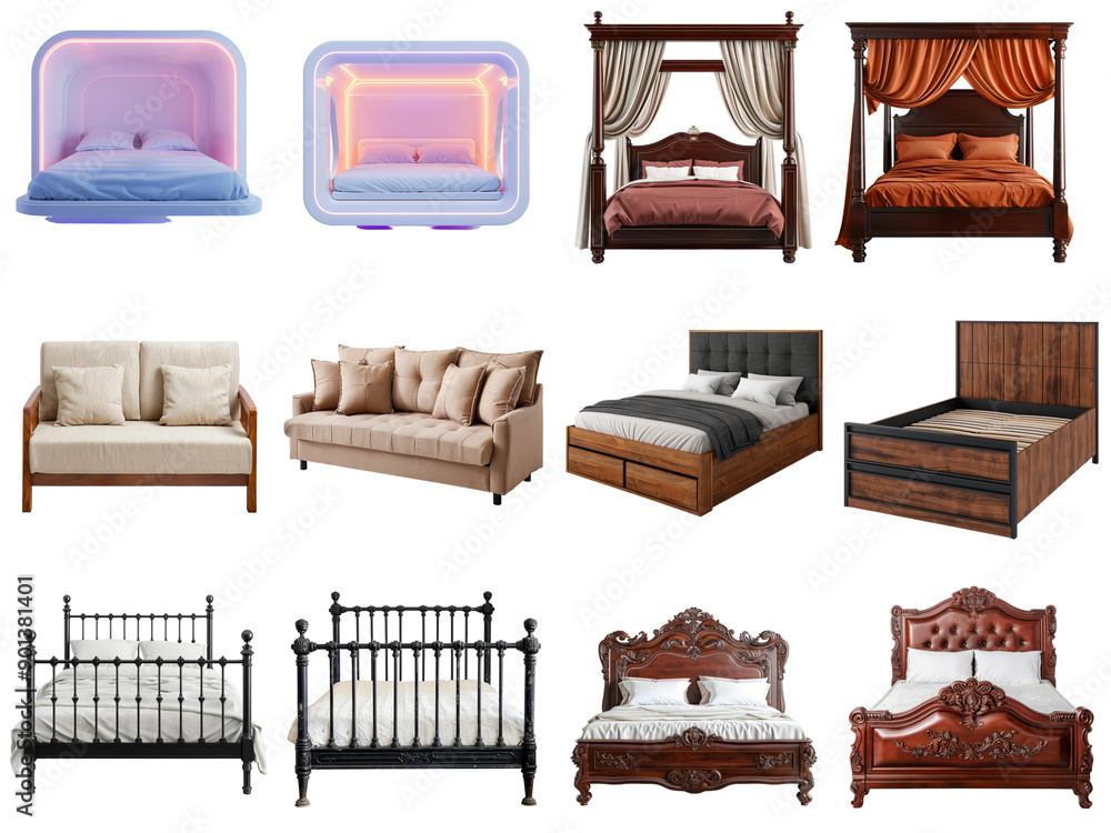 A collection of beds with different styles and colors. The beds are ...