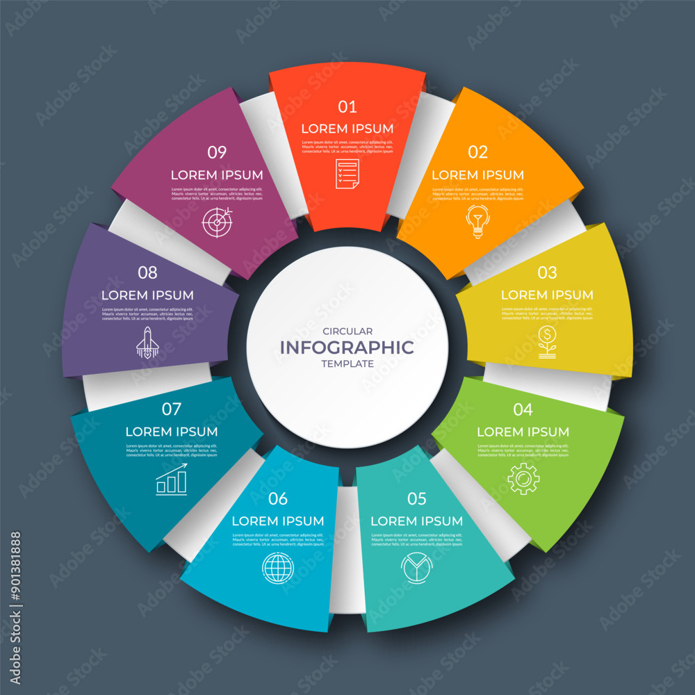Infographic circular diagram with 9 options, parts. Nine-step process ...