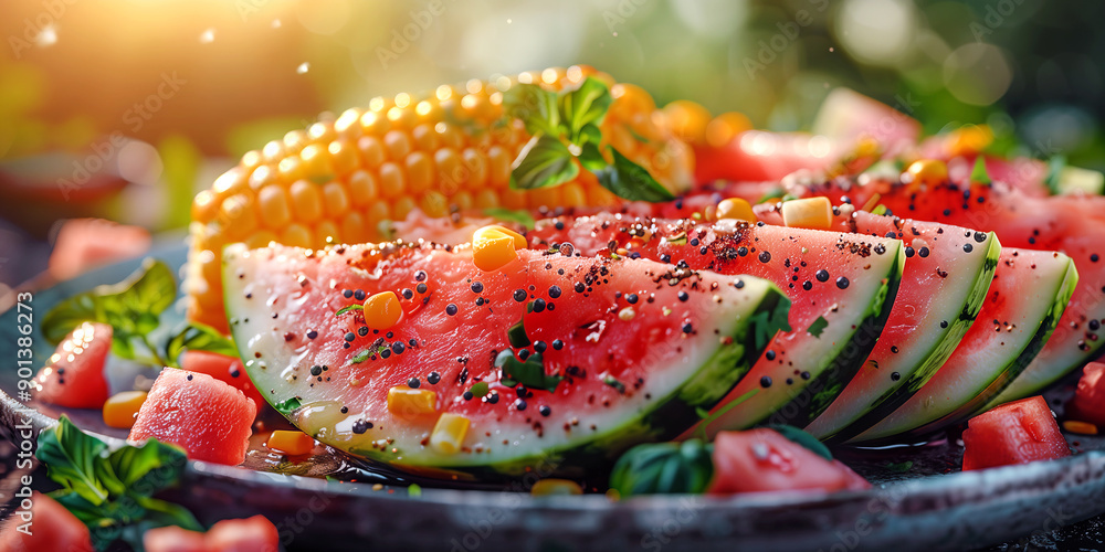 Watermelon slices and corn for picnic - traditional food and dishes for ...