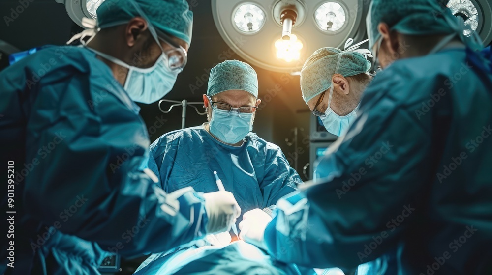 Surgeons performing a complex procedure in a modern operating room with ...