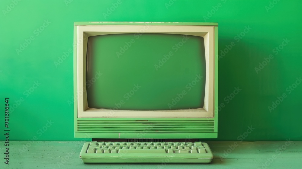 Green Computer Terminal Screen in Vintage Frame. Blank Old Monitor ...