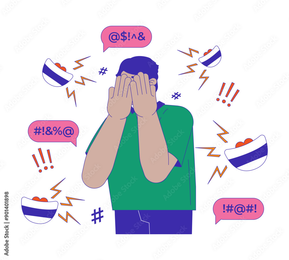 Victim bullying 2D illustration concept. Arab man covering eyes ...