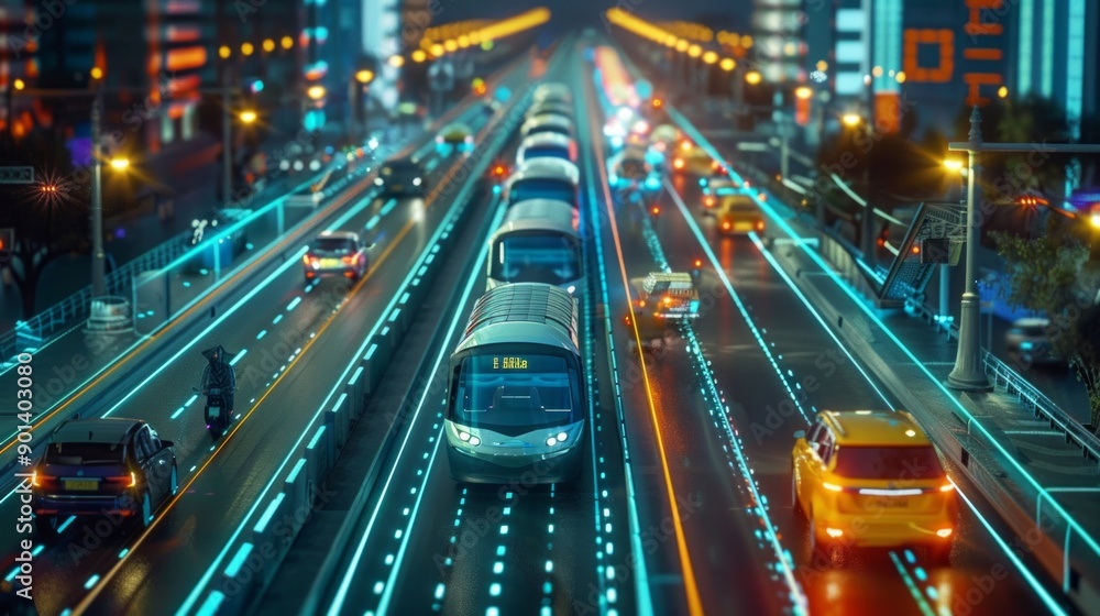 Nighttime city street with six-lane road and light rail system; busy ...