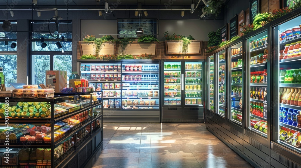 Interior of a grocery store with stocked shelves and refrigerators ...