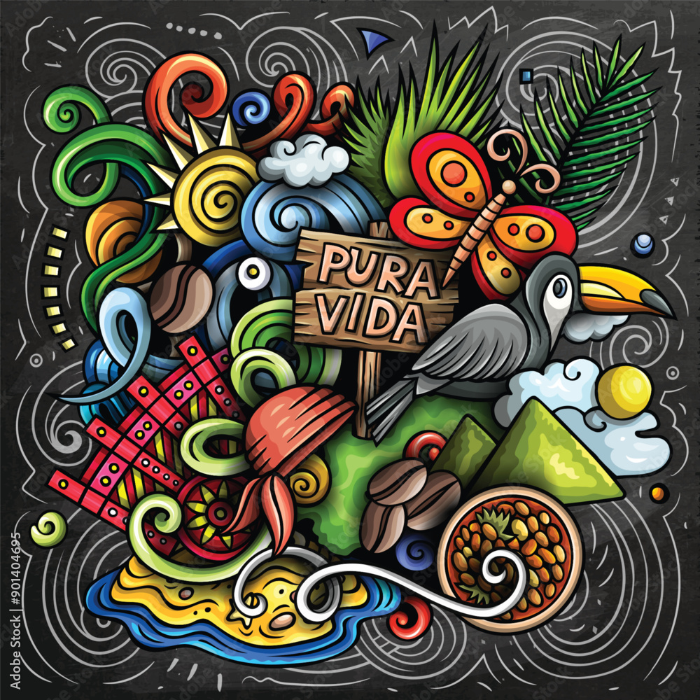 Vector funny doodle illustration with Costa Rica theme. Vibrant and eye ...