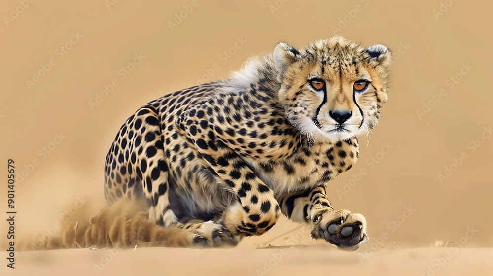 A cheetah cub on a light tan background, crouched in a playful pose ...