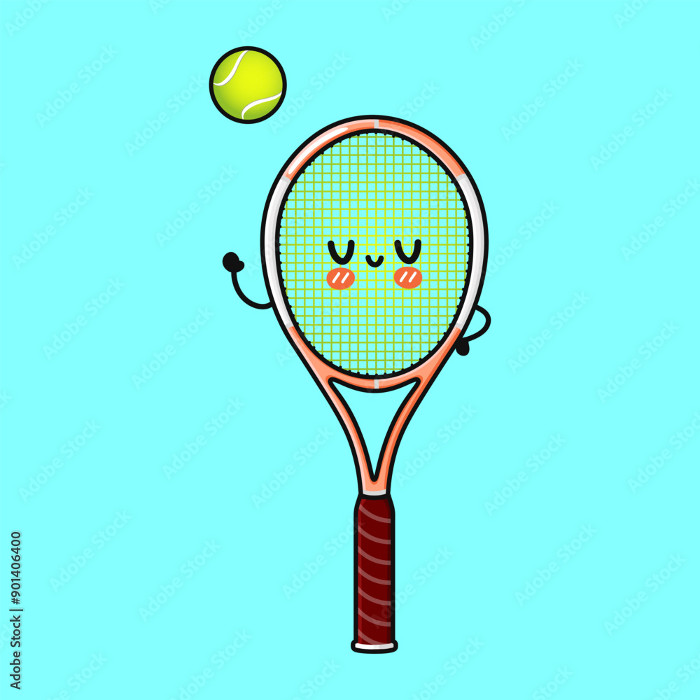 Cute funny Tennis racquet waving hand. Vector hand drawn cartoon kawaii ...