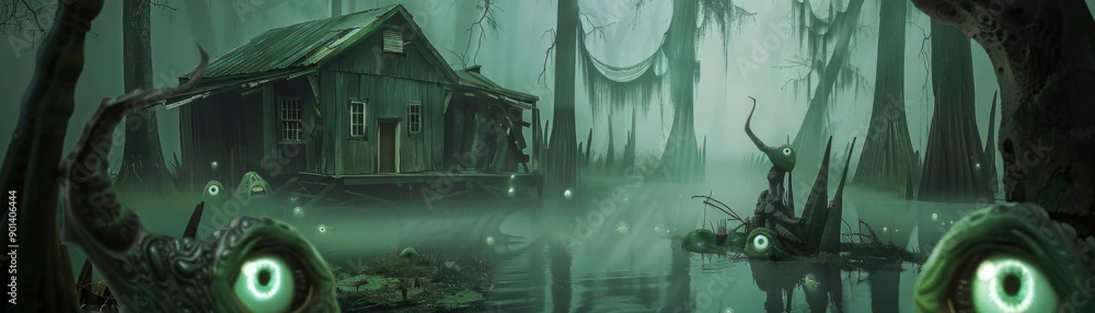 Spooky, mistcovered swamp with glowing eyes, creepy creatures, and a ...
