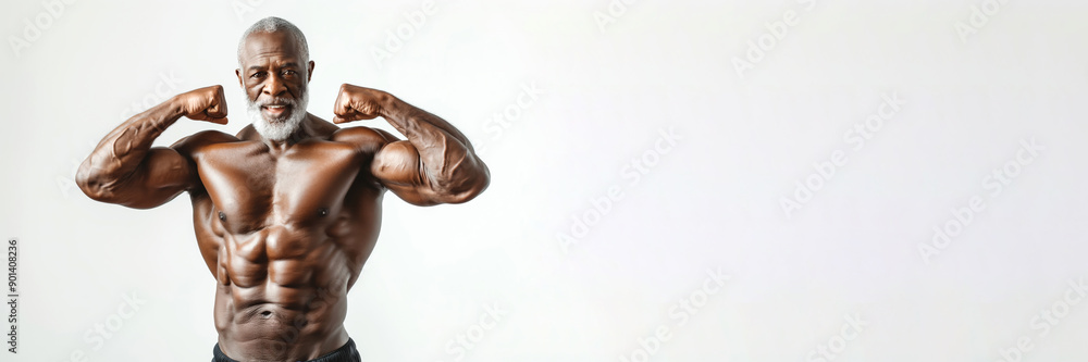 Elderly african american man with a muscular body is shows biceps ...