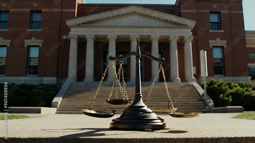 Fairness scales of justice against courthouse building, ai photos Stock ...