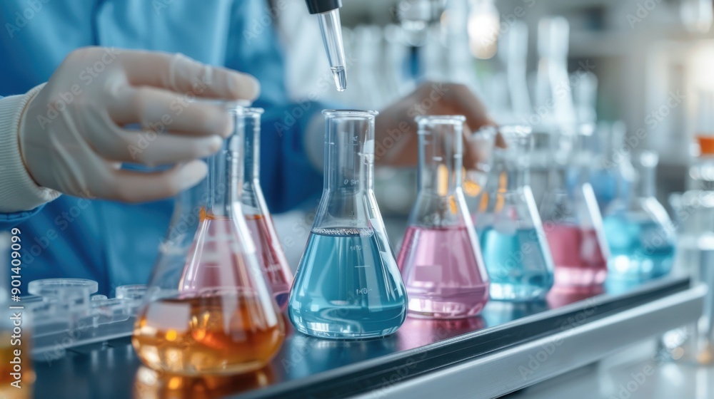 A scientist works in a laboratory, using a pipette to experiment with ...