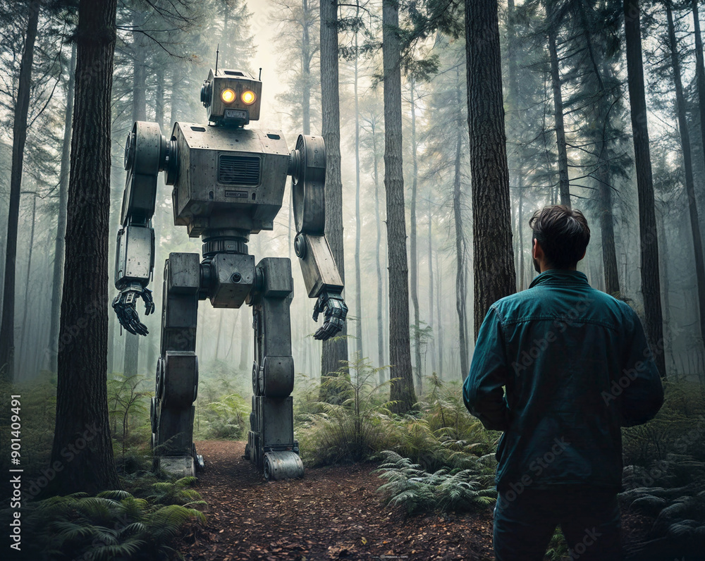 Man walking in the forest spots a big autonomous robot with unknown ...