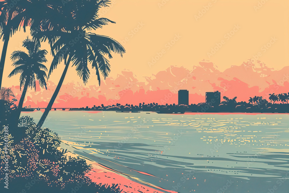 Risograph stencilled riso print travel poster, card, wallpaper or ...