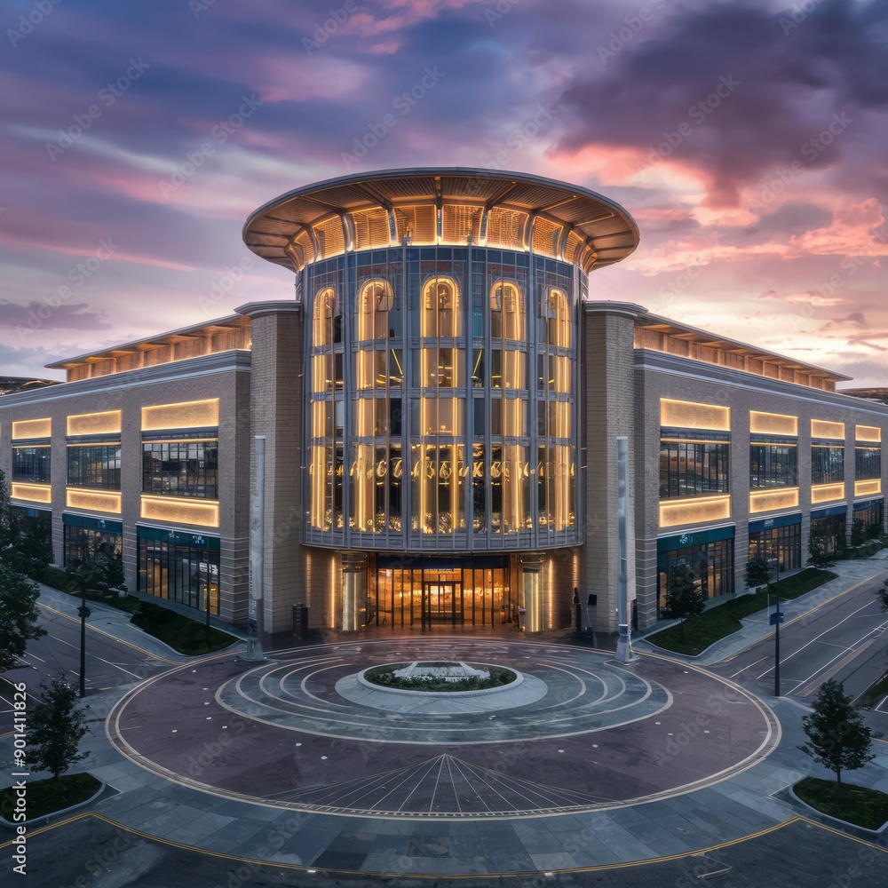 exterior design of a mall, inviting lights. The building is a modern ...