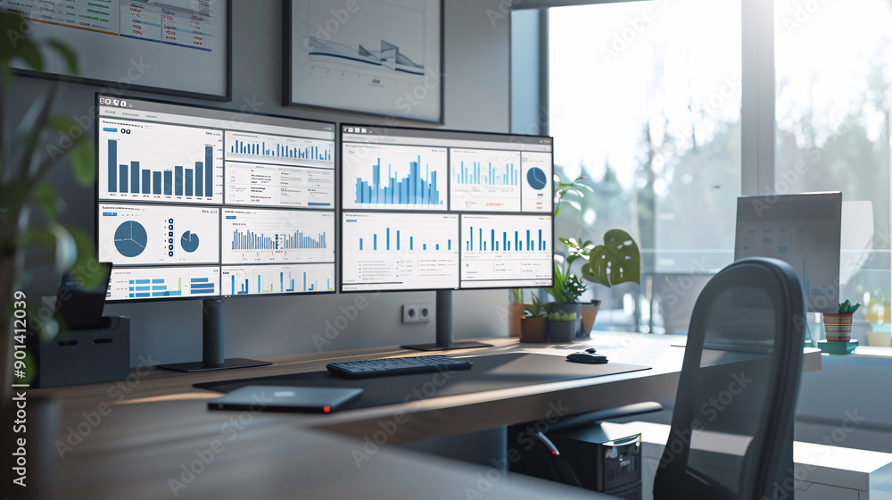 Office scene with multiple screens displaying CRM dashboards and ...