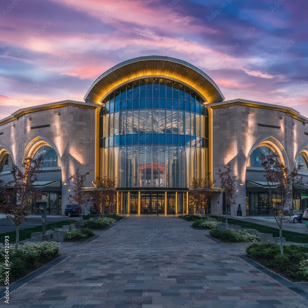 exterior design of a mall, inviting lights. The building is a modern ...
