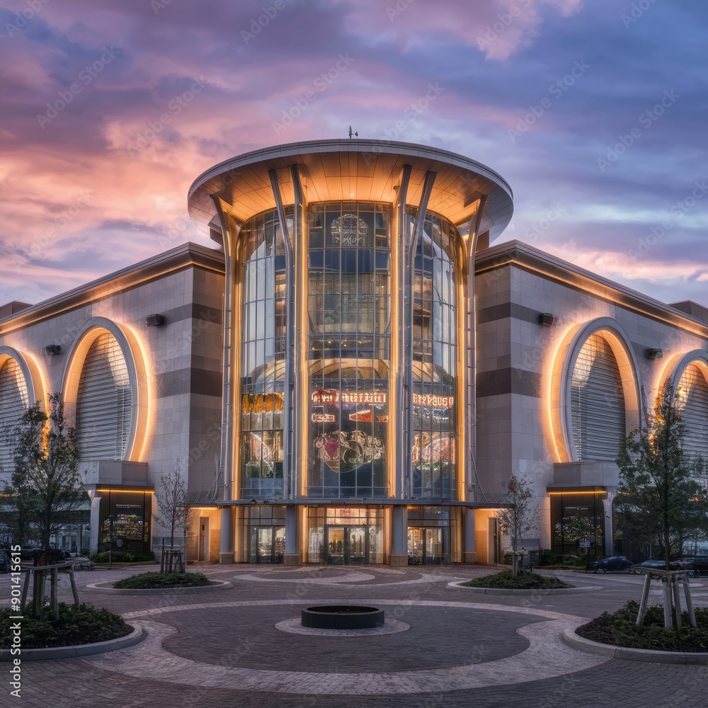 exterior design of a mall, inviting lights. The building is a modern ...