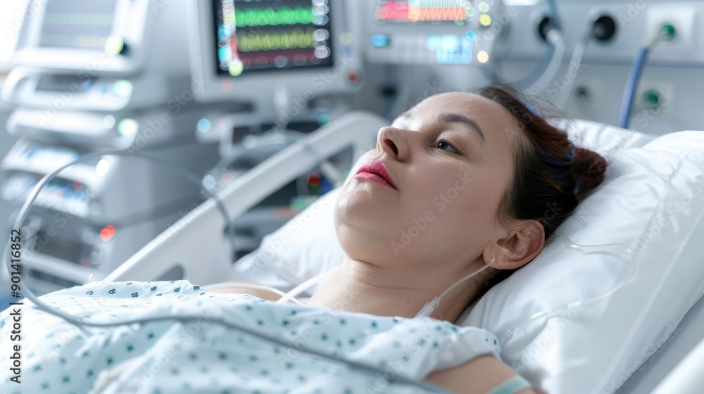 Patient in hospital bed connected to monitors, receiving attentive care ...