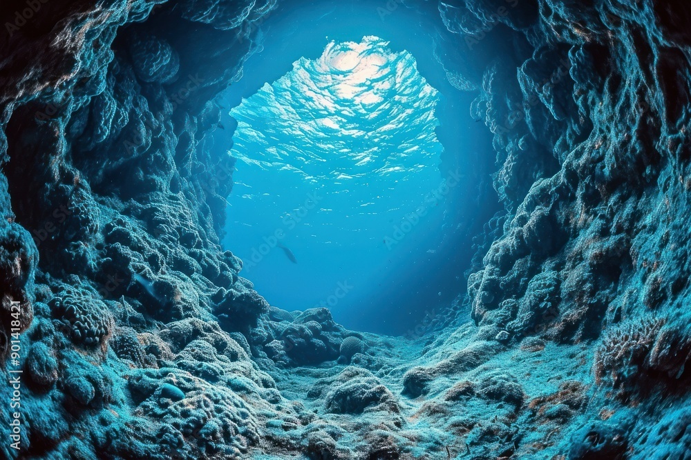The cave in deep sea with the other fish swimming underwater outdoors ...