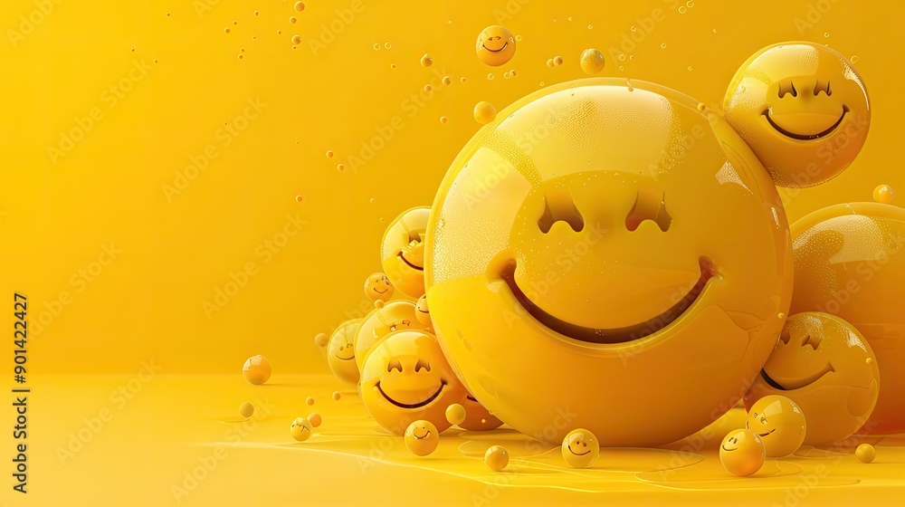 One big yellow circular smiley icon with several small yellow smiley ...