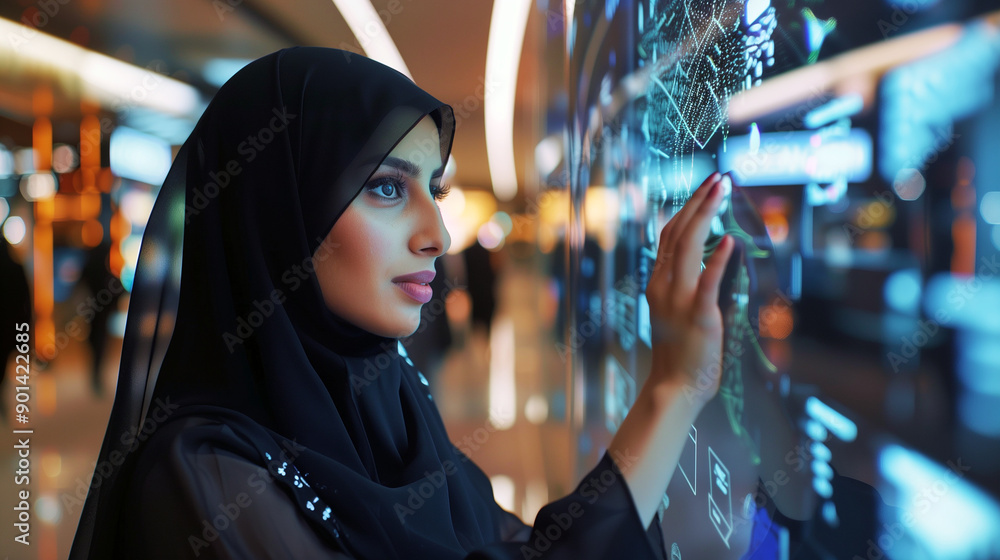 Arab woman in Hijab and Abaya, touching an interactive smart board ...