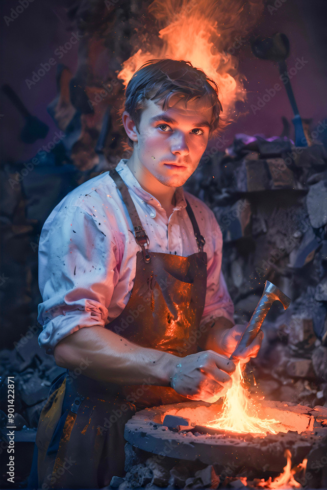 A stoic dwarf standing amidst the glowing embers of a forge, hammer in ...