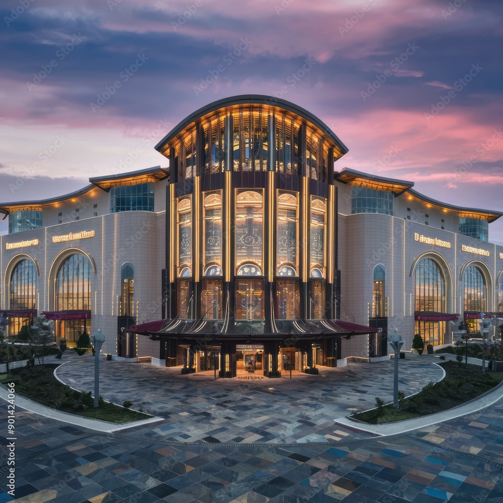 exterior design of a mall, inviting lights. The building is a modern ...