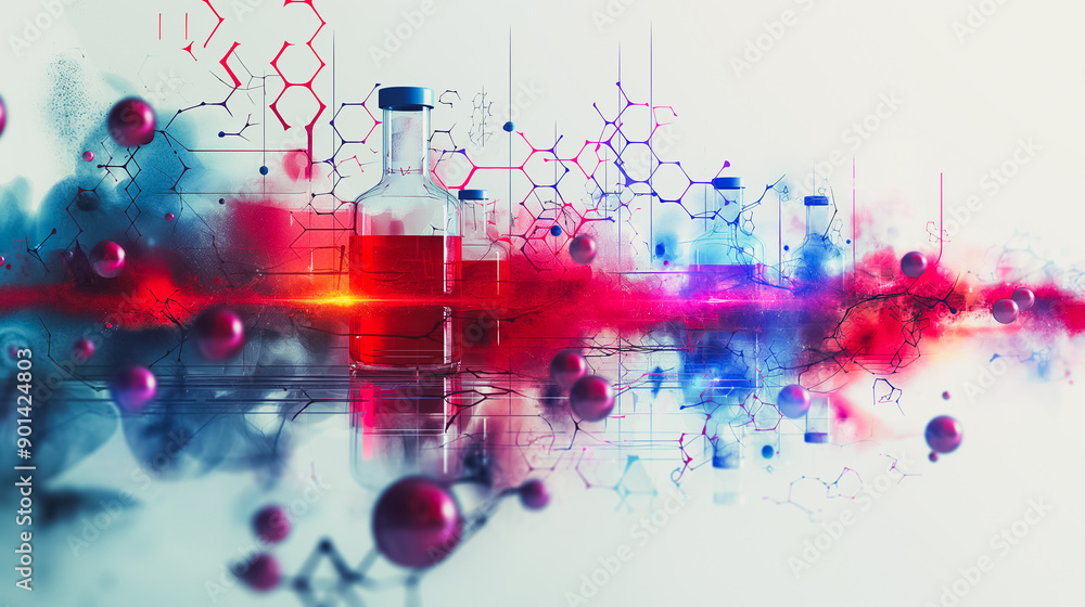 Flat color background with geometric shapes and molecular models ...