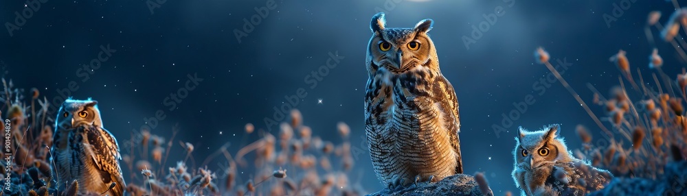 Owls and nocturnal animals active under the moonlight, nocturnal ...