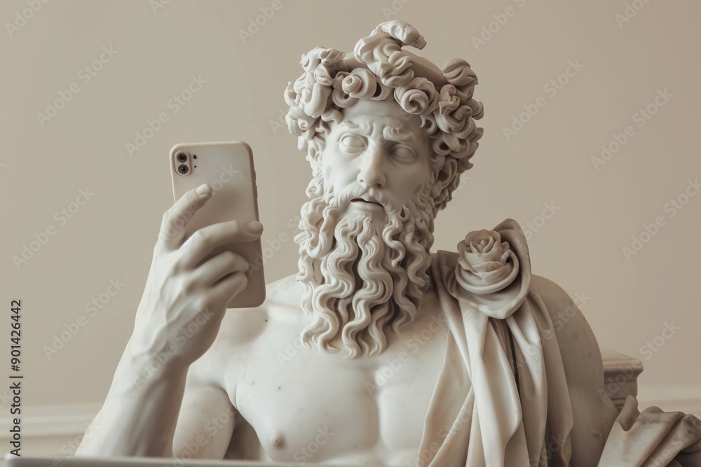 Sculpture or statue of Fat hairy Ancient Greek God david selfie with ...