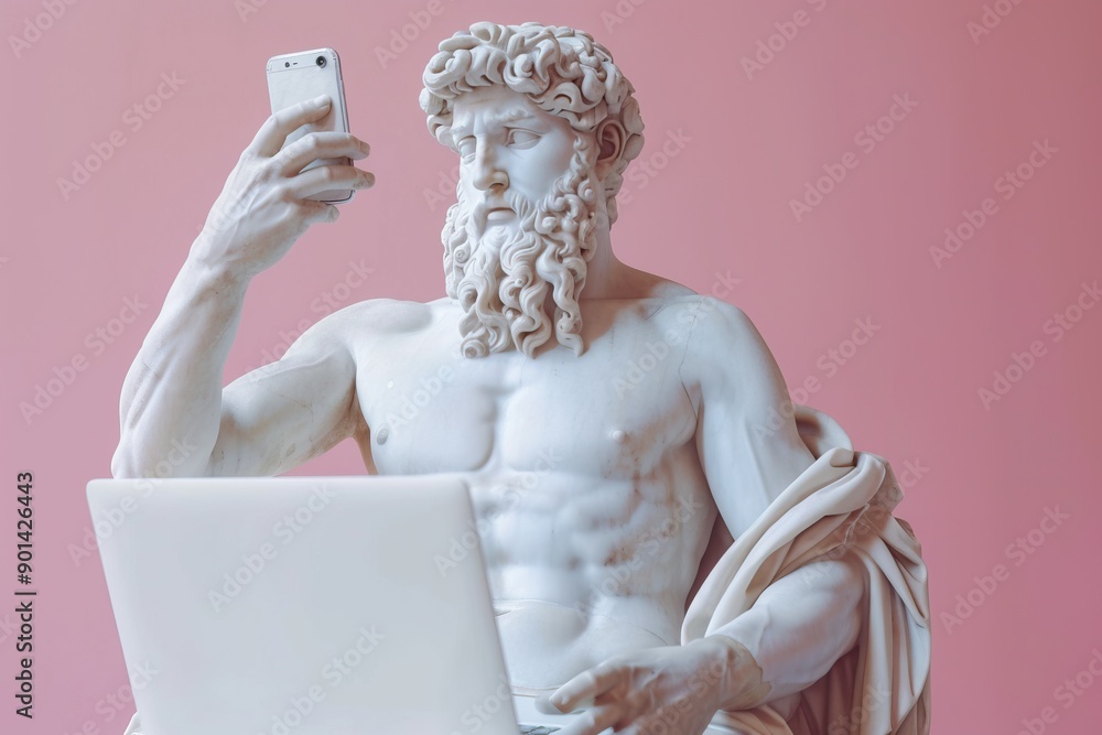 Sculpture or statue of Fat hairy Ancient Greek God david selfie with ...