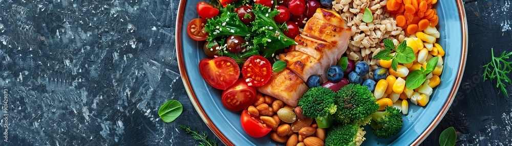 Colorful plate of balanced meals with diverse food groups, Healthy ...