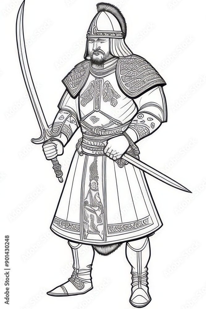 coloring book mongol warrior, full body, hand drown line art Stock ...