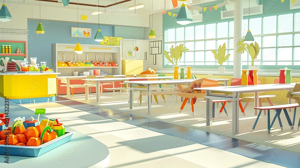 A paper cut scene of a school cafeteria with tables, paper food trays ...