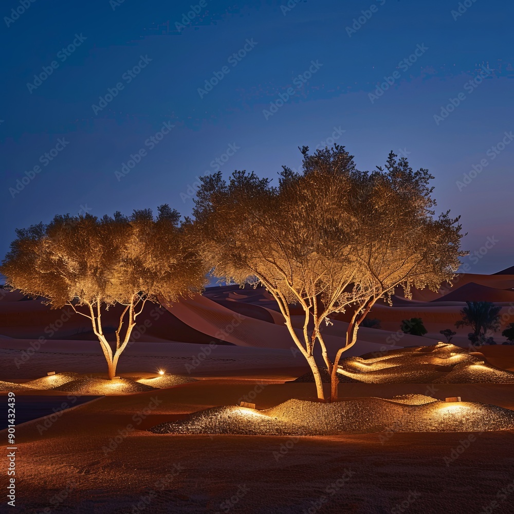Abu Dhabi, UAE - December Night view of short trees on sand against ...