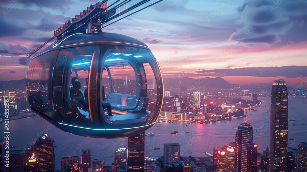 Cityscape Spectacle Futuristic Pod Cable Car Soaring Over Urban Skyline ...