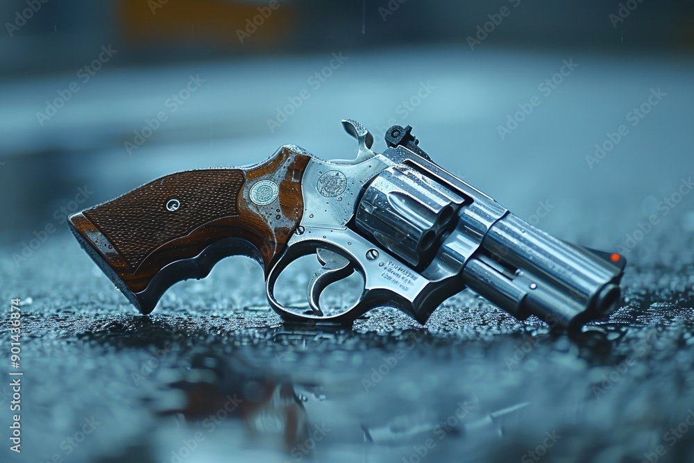 Close-up image of a vintage revolver lying on a wet ground surface on a ...