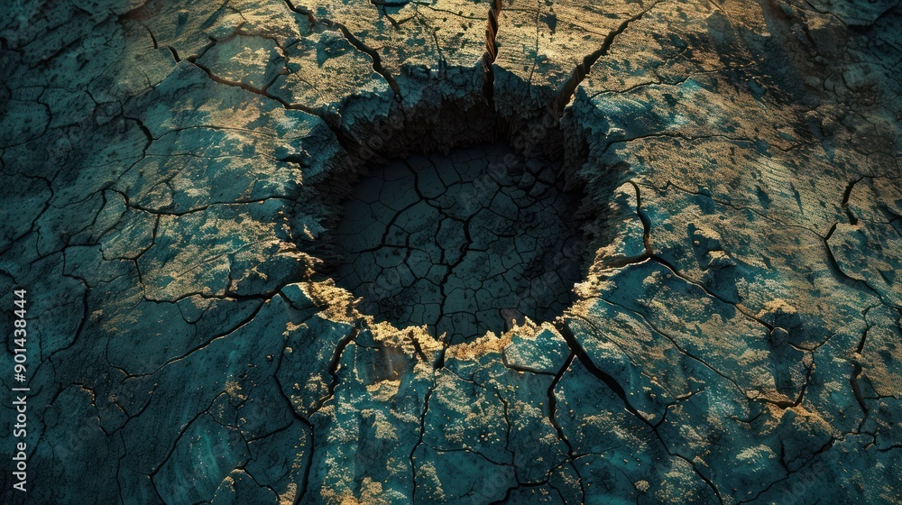 A detailed view of a cracked ground surface with a noticeable circular ...