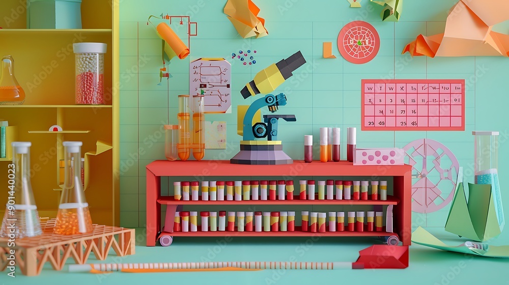 A science lab made from paper, featuring a microscope, test tubes in ...