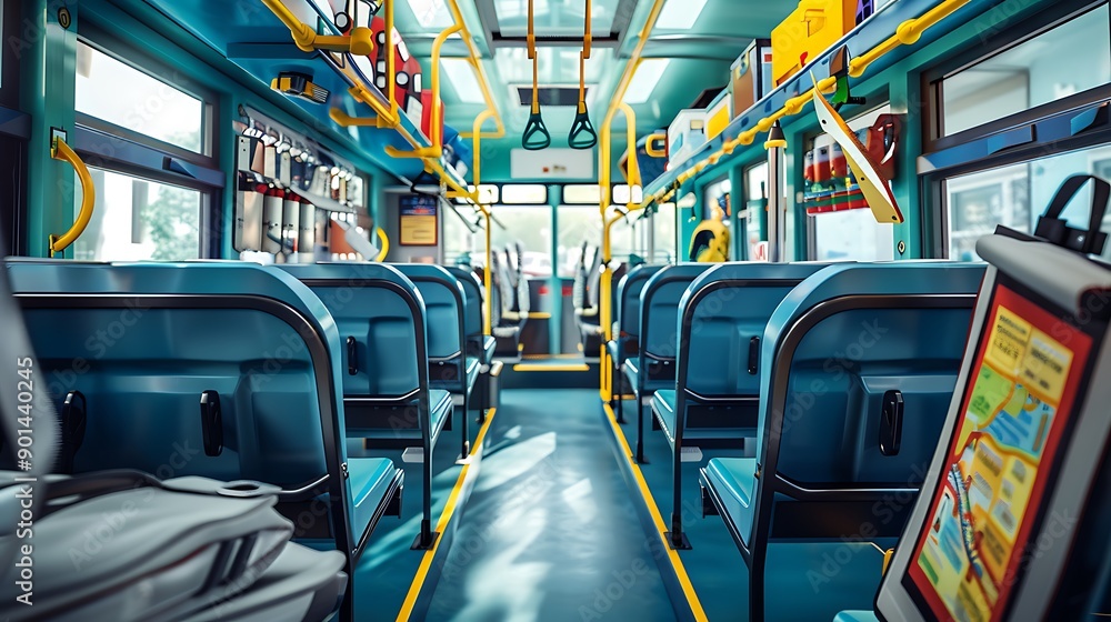 A school bus scene with rows of seats, a map of the school route, and ...