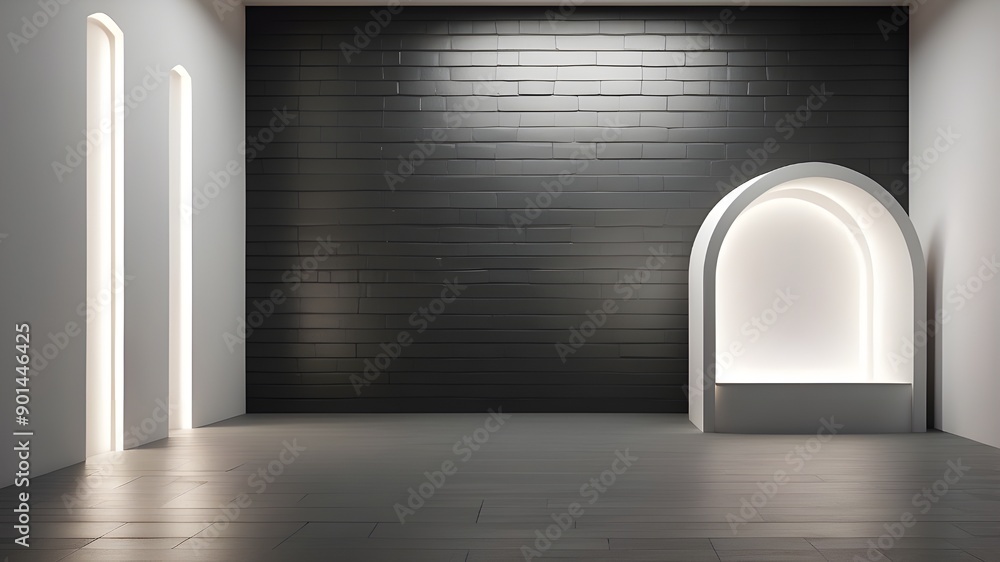 Front view of an illuminated white blank niche in an abstract, empty ...