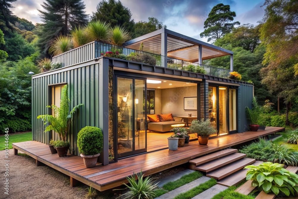 Modern eco-friendly shipping container home exterior showcases sleek ...