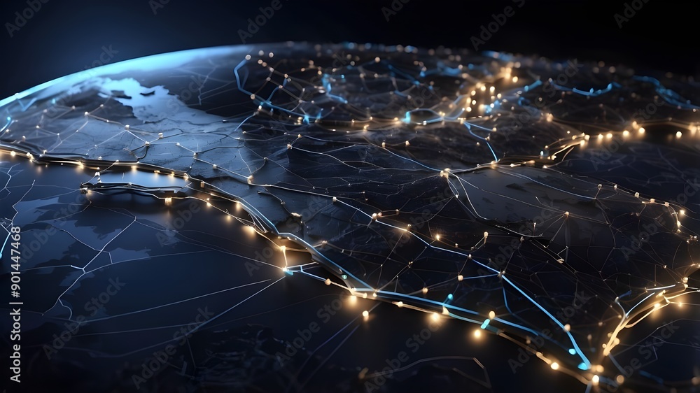 Innovative flashing digital map on a dark background including ariplane ...