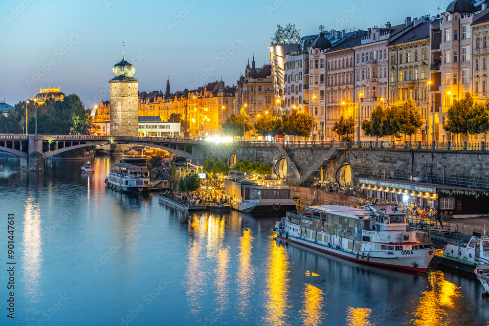 Sitkov Water Tower and the Vltava Embankment in Prague, Czechia. The ...