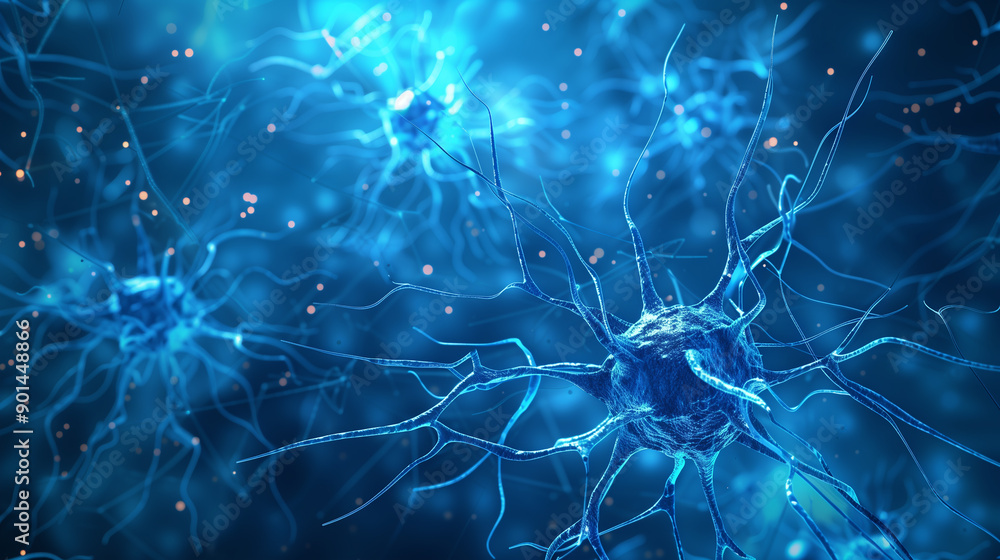 ภาพประกอบสต็อก A blue and white image of neurons. The neurons are ...